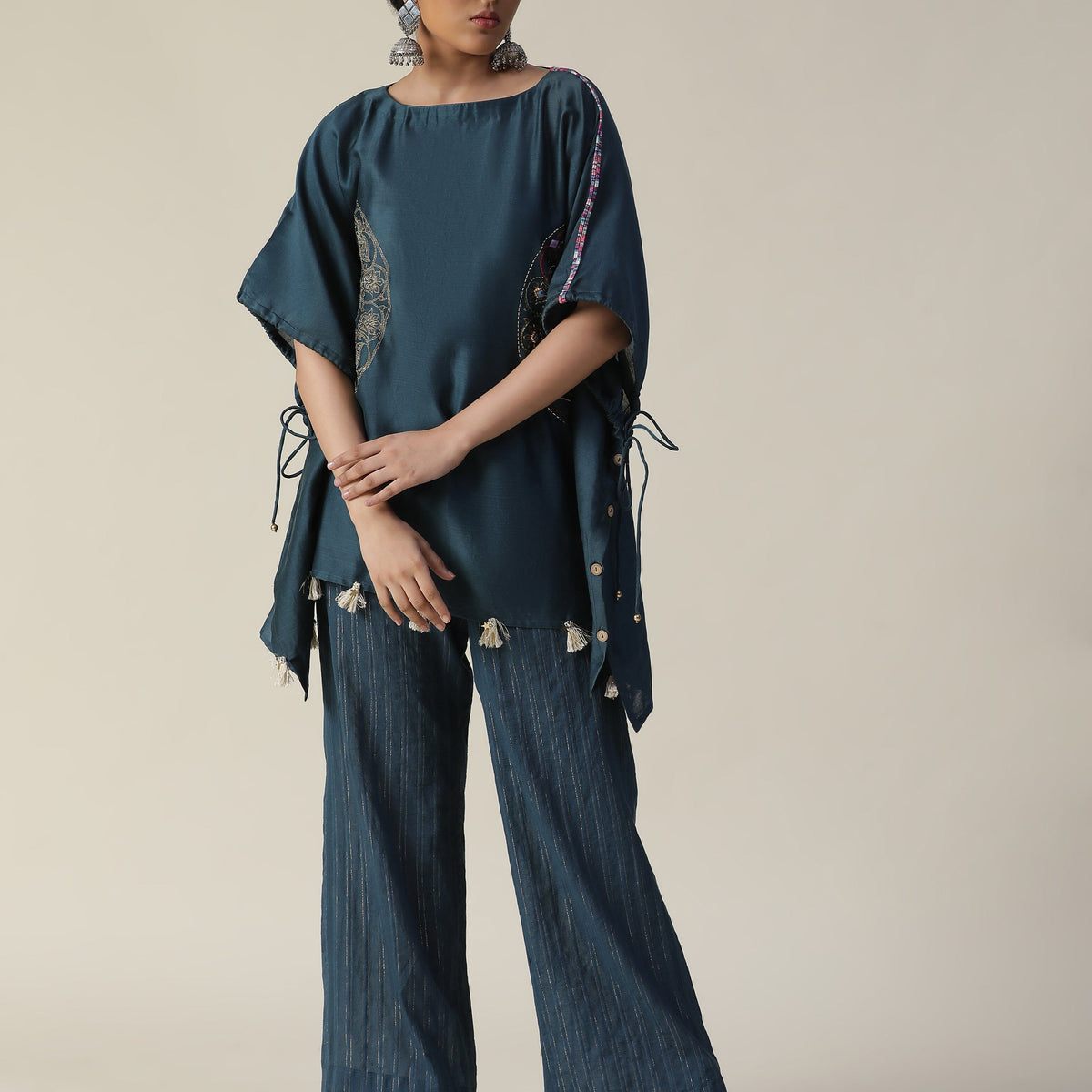PRUSSIAN BLUE EMBROIDERED SHORT KAFTAN CORD SET – shopnavaa