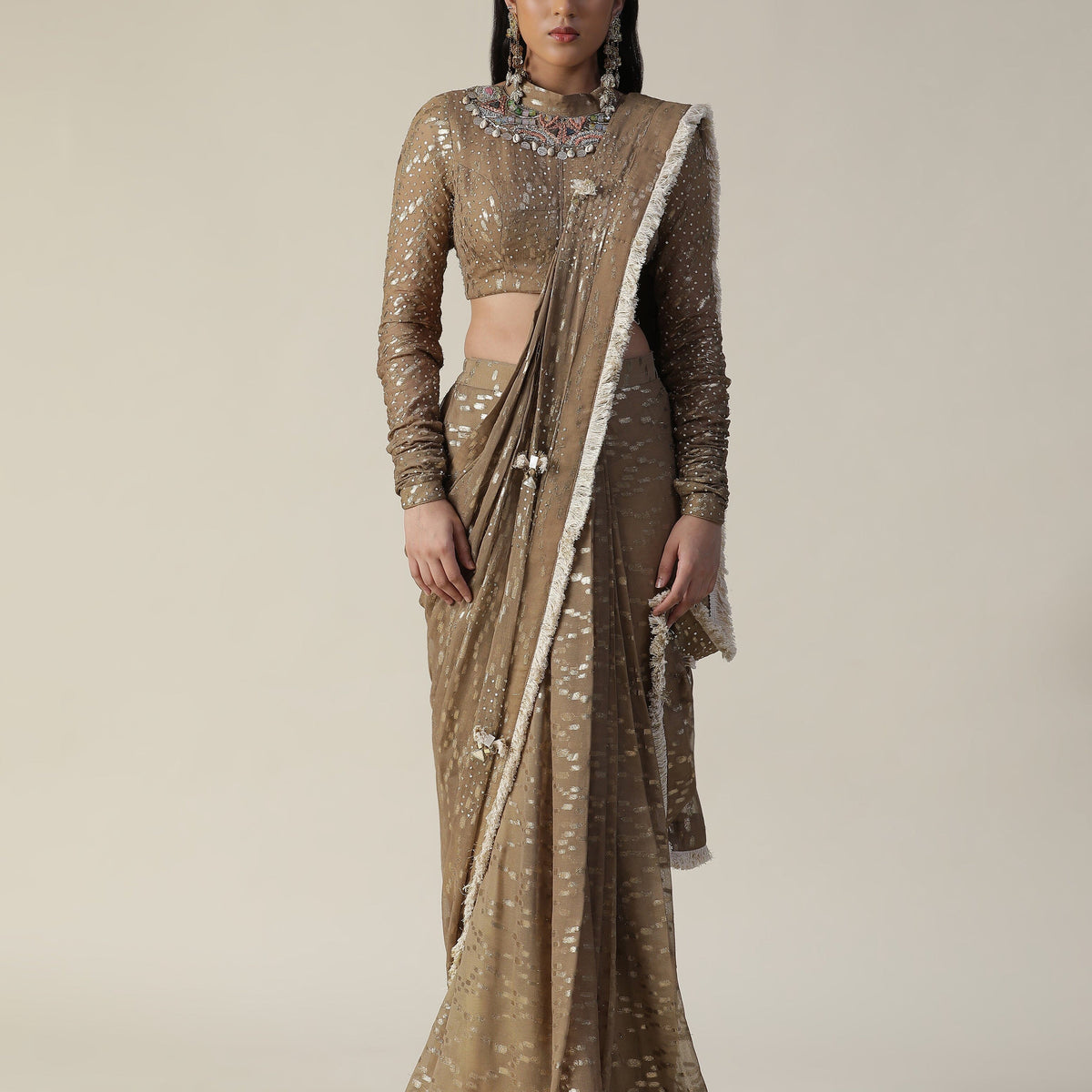 TAN COLOUR PRE-DRAPED GEORGETTE SAREE SET – shopnavaa